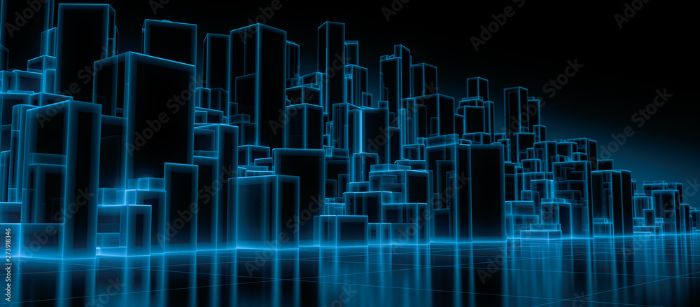 Abstract futuristic blocks city with wire frame in blue shade on mirror ...