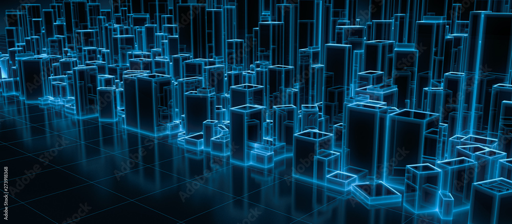 Abstract futuristic blocks city with wire frame in blue shade on mirror ...