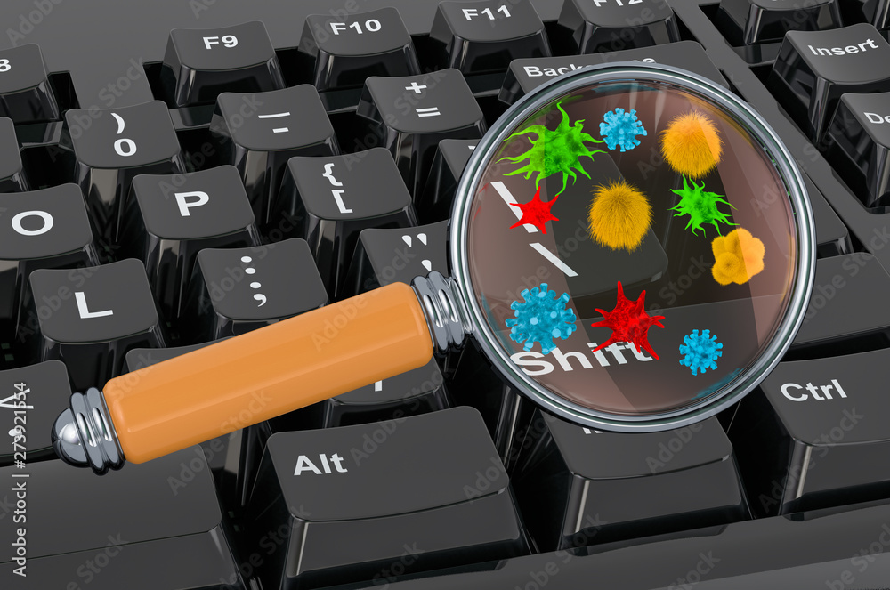 Computer keyboard with germs and bacterias under magnifying glass. 3D ...