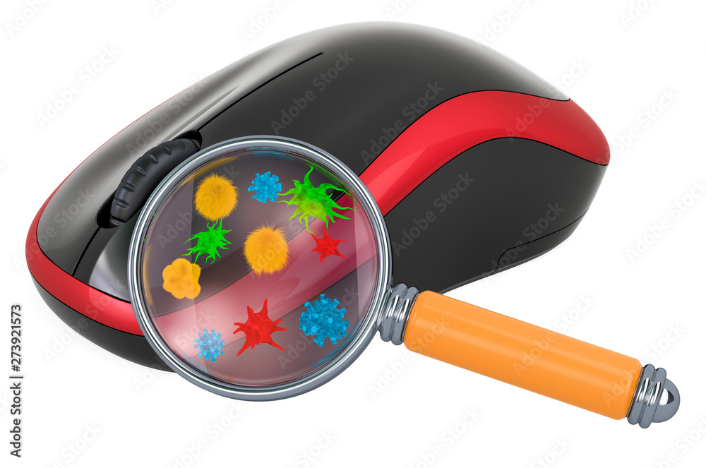 Computer mouse with germs and bacterias under magnifying glass. 3D ...