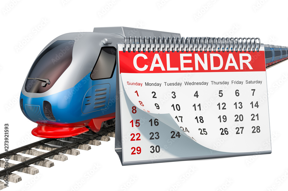 Rail Travel Calendar concept. Desk calendar with high speed train, 3D ...