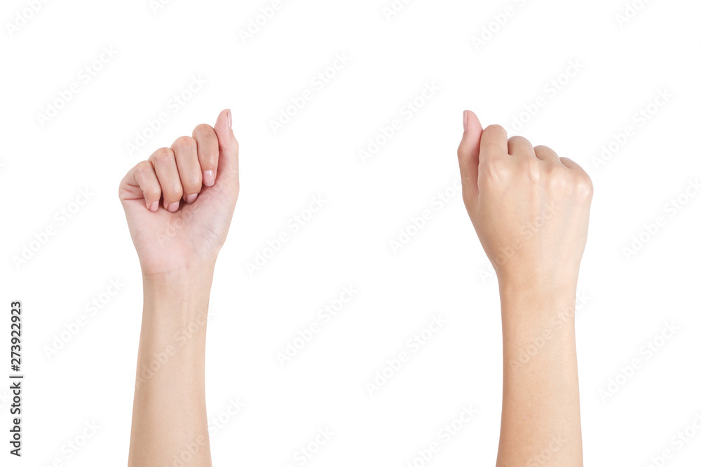 Woman hands fist hand gesture front and back side isolated on white ...