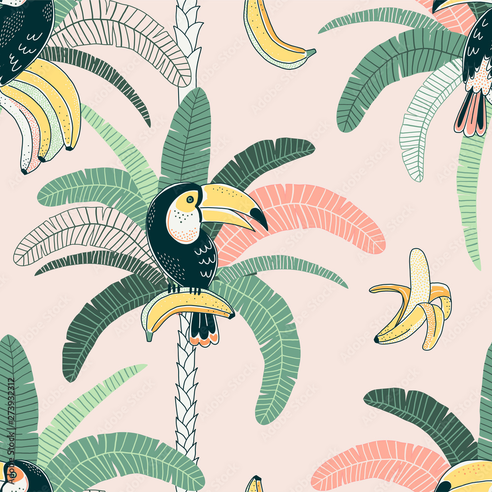 Toucan vector color seamless pattern. Jungle flora and fauna background ...