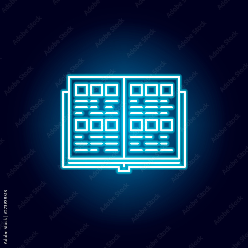 yearbook, photo outline icon in neon style. elements of education ...