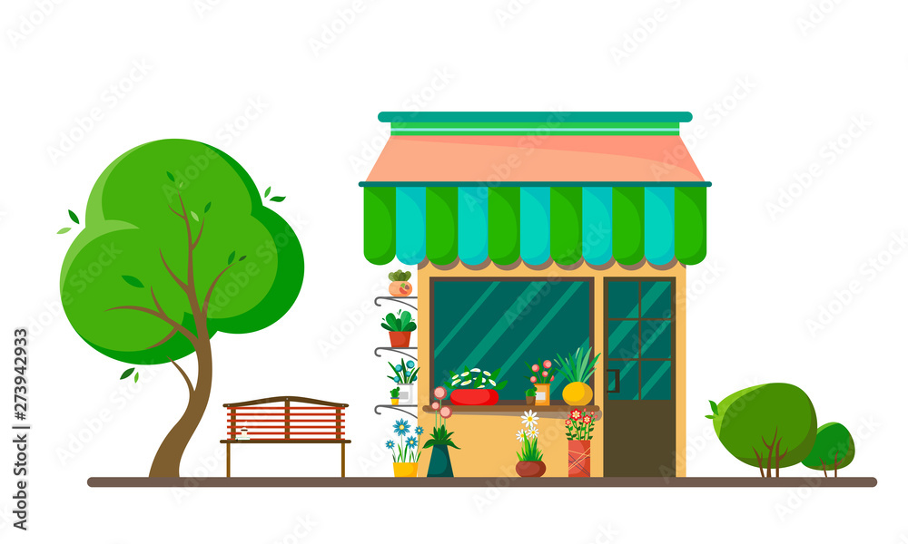 Flower shop on the street with a tree, bushes and a cozy bench on a ...
