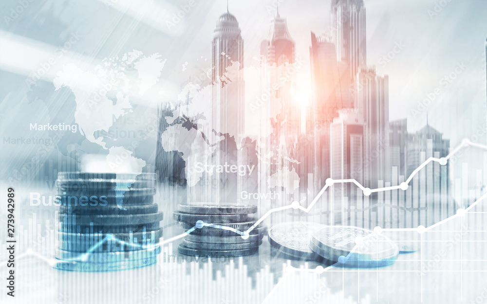 World wide map on abstract business background, coins and calculator ...