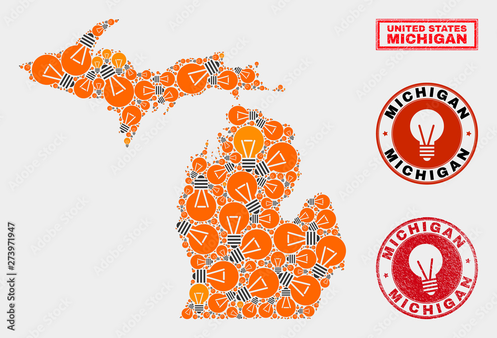 Illumination lamp mosaic Michigan State map and grunge rounded ...