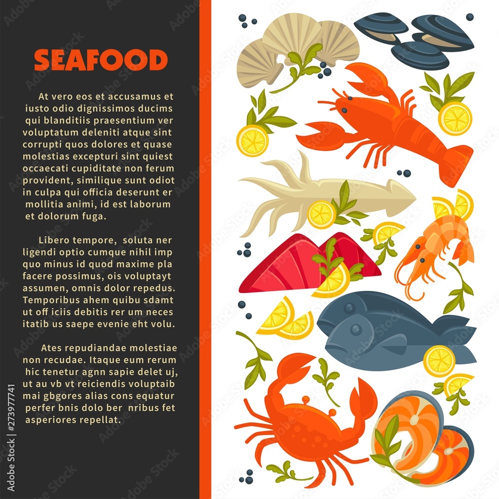 Seafood menu fish and lobster crab and prawn or shrimp Stock Vector ...