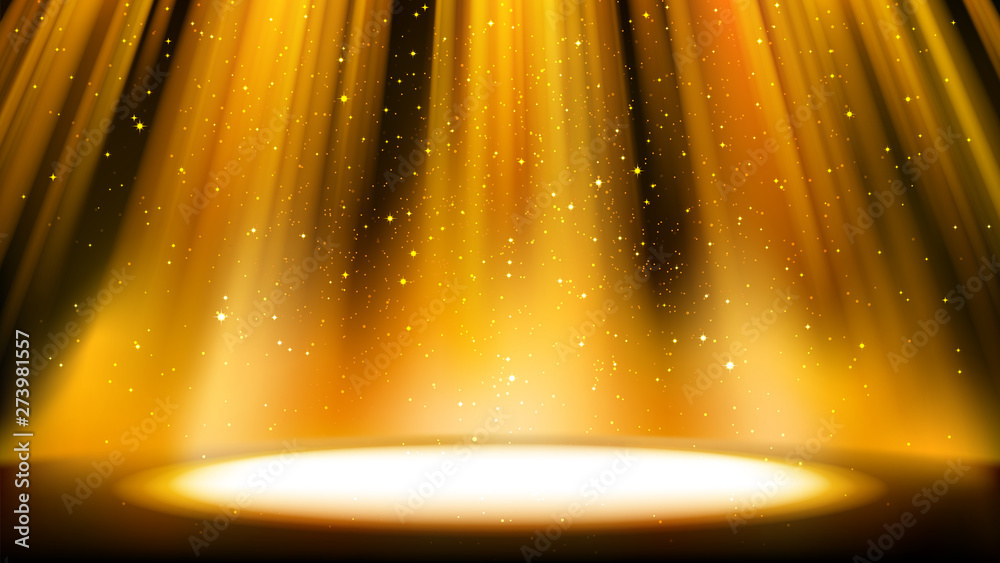 Empty golden scene with a dark background, place lit by bright golden ...