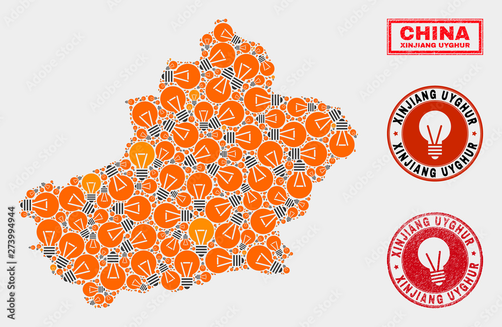 Electrical lamp mosaic Xinjiang Uyghur Region map and grunge round ...