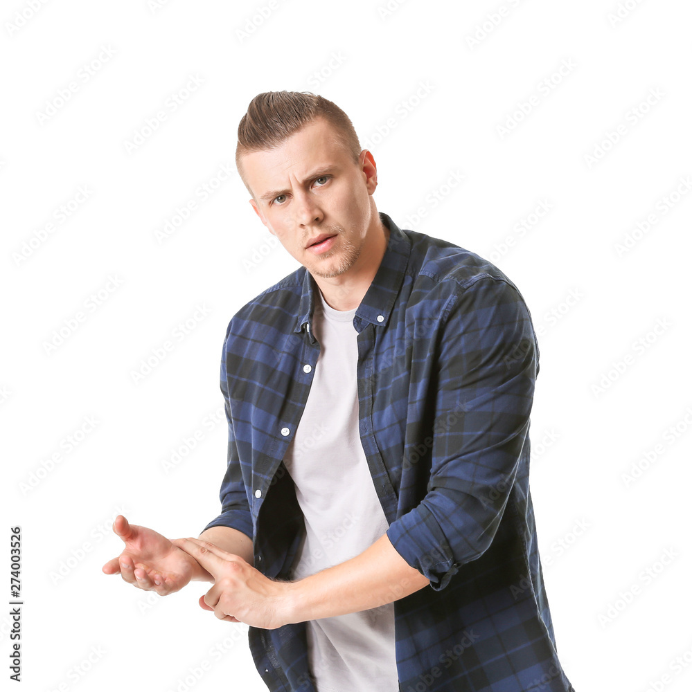Man checking his pulse on white background Stock 写真 | Adobe Stock