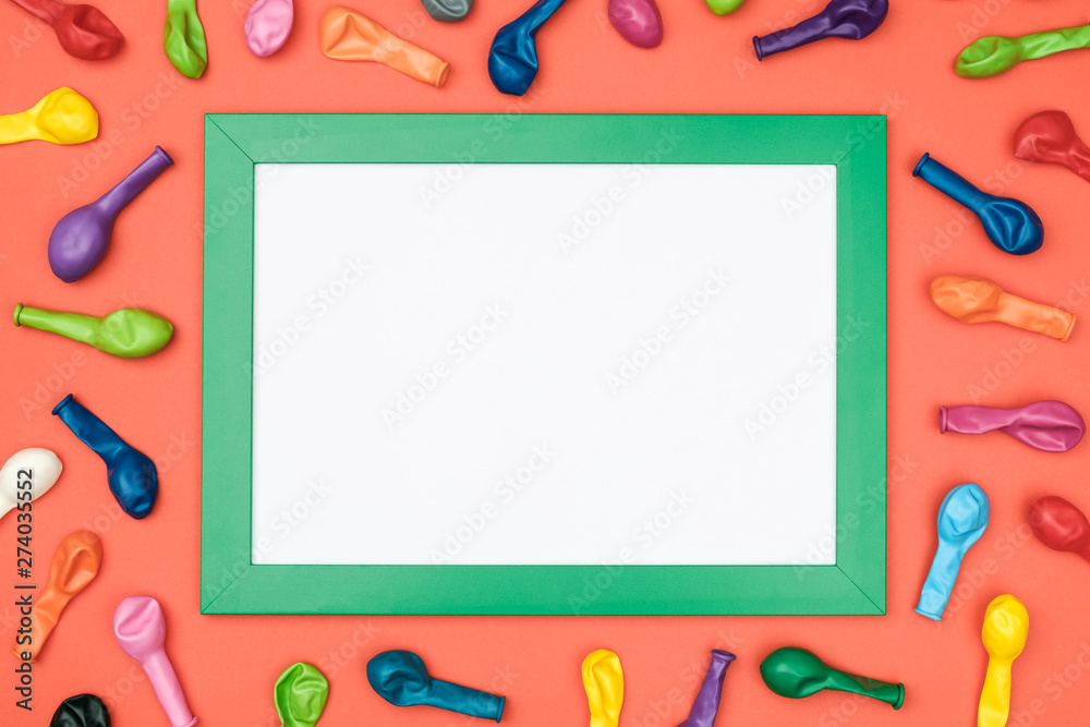 Party or birthday background. Frame with colorful balloons. Table top ...