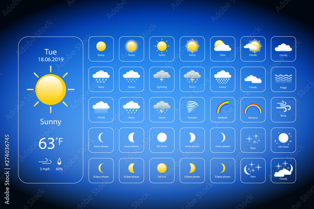 set weather icons. All icons for weather with sample of use. vector ...
