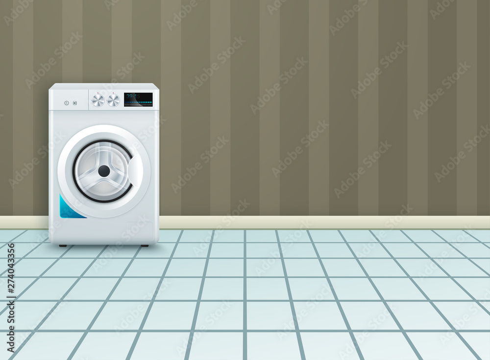 Vector Background with 3d Realistic Modern White Steel Washing Machine ...