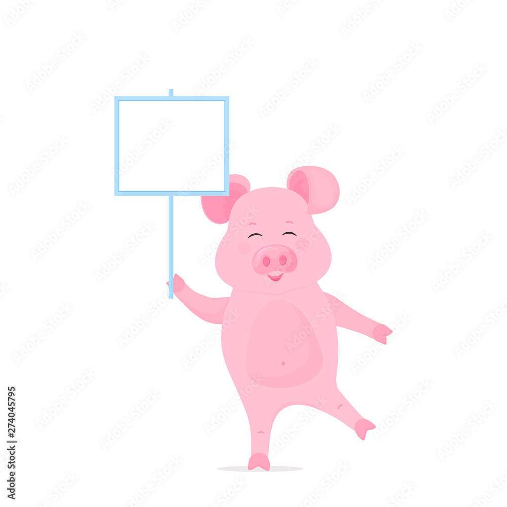 Pig hold a blank sign, clean poster, empty poster, banner. Funny piggy ...