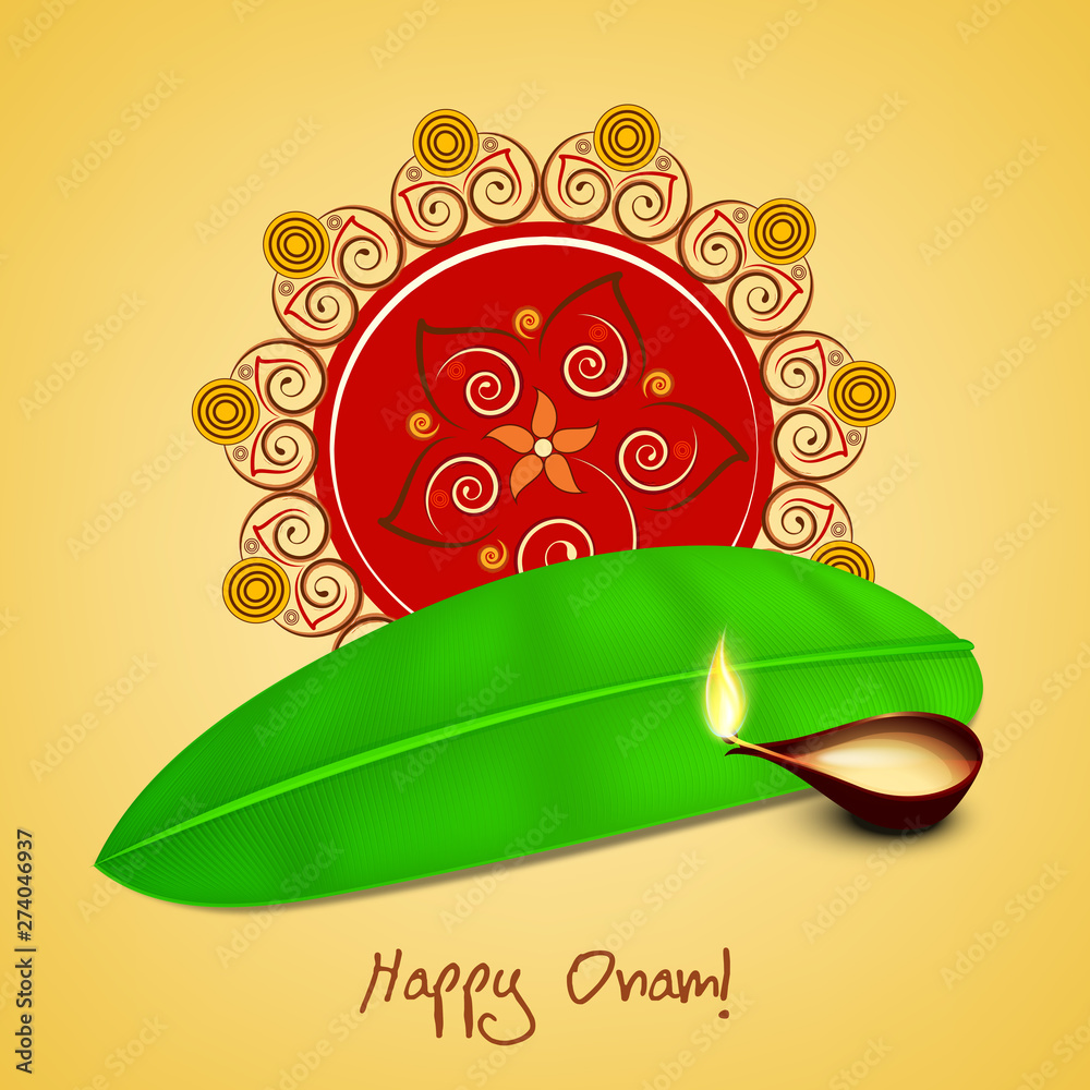 Onam celebration with rangoli, leave and lit lamp. Stock Vector | Adobe ...