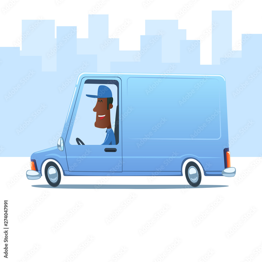 Cartoon smiling black man driving a service van against the background ...