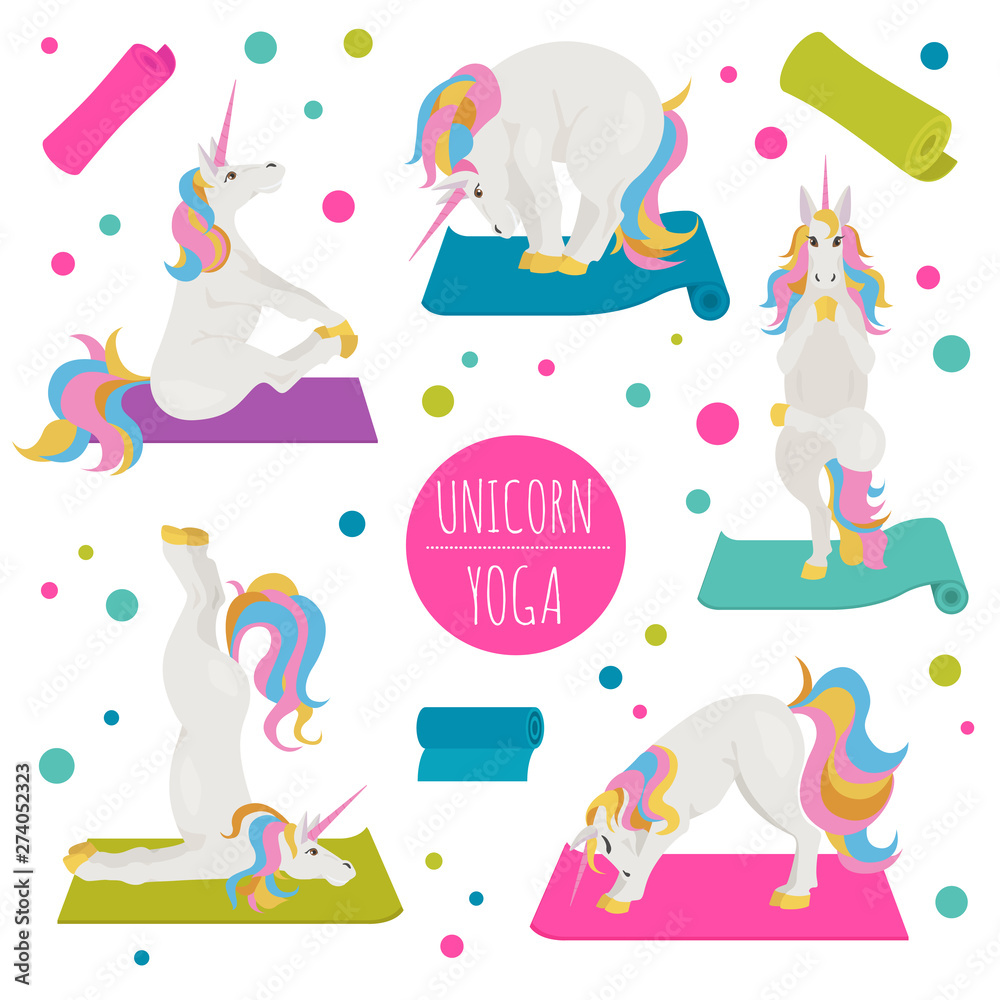 White unicorn yoga poses and exercises. Cute cartoon clipart set. Stock ...