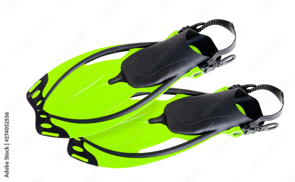 flippers fins for underwater diving in water. Isolated on white ...