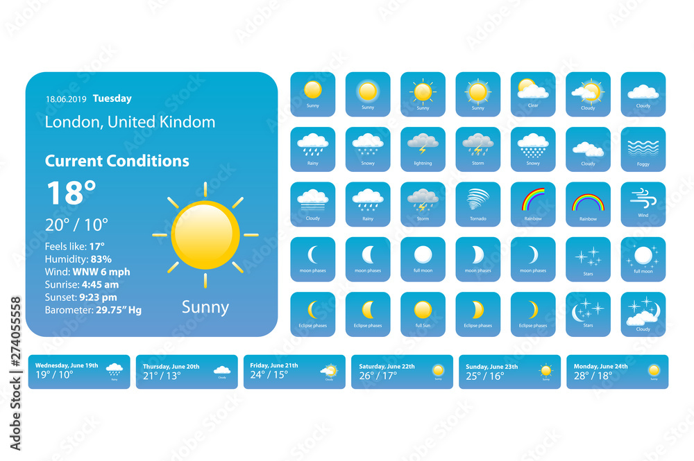 set weather icons. All icons for weather with sample of use. vector ...
