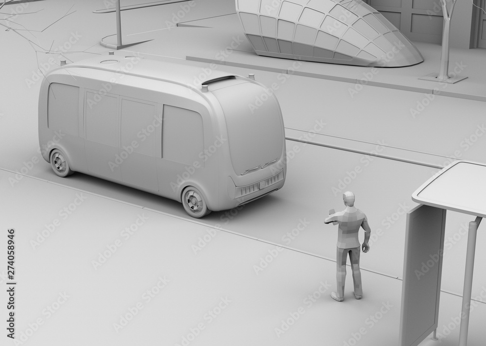 Clay rendering of a man in a bus stop. Electric powered autonomous ...