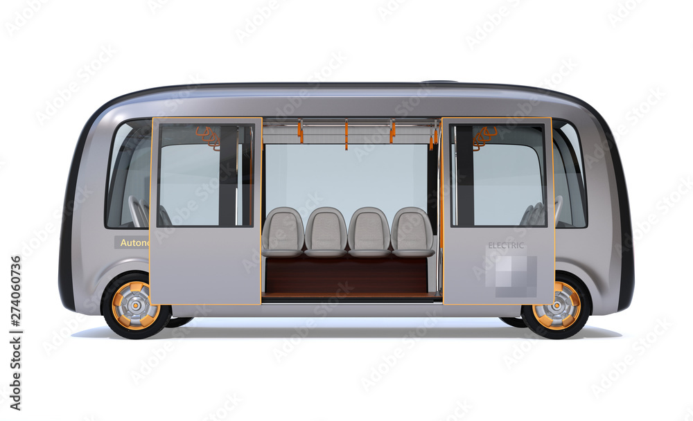 Side view of self-driving shuttle bus with doors opened isolated on ...