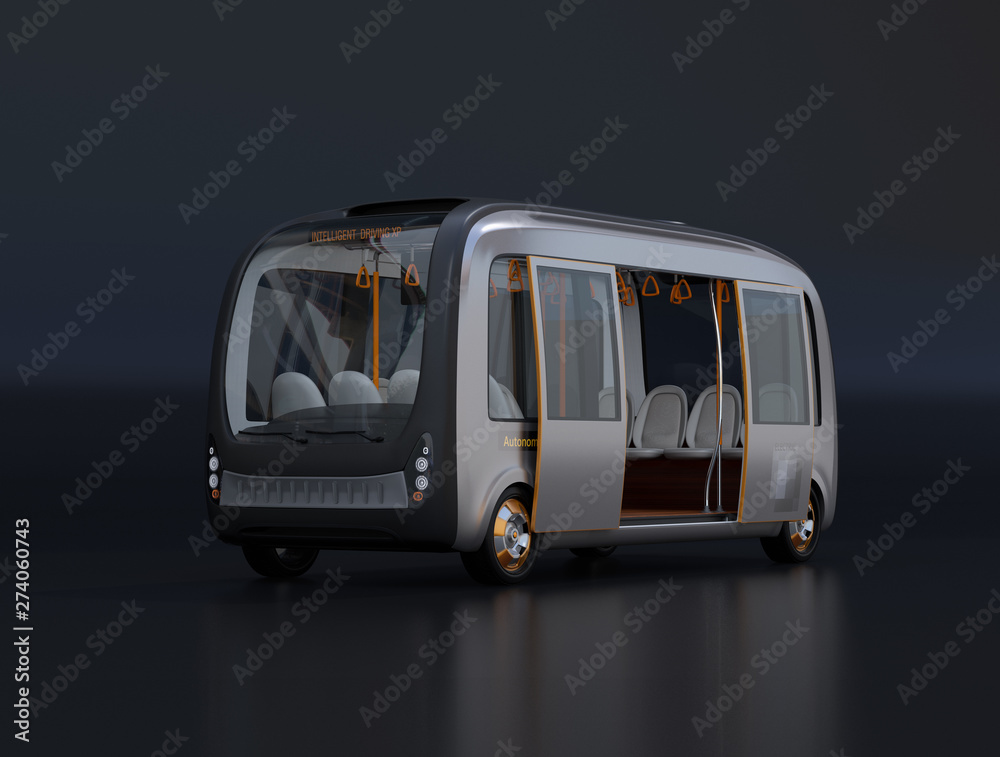 Self-driving shuttle bus on black background. 3D rendering image. Stock ...