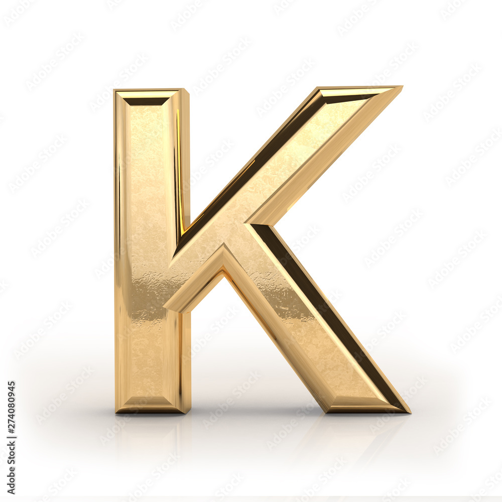 Golden font, letter K, 3d render, gold metal texture, on white ...