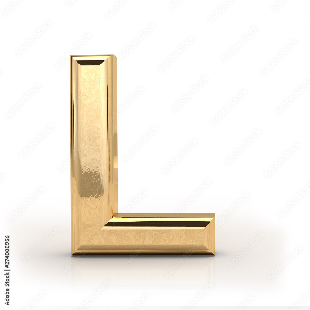 Golden font, letter L, 3d render, gold metal texture, on white ...