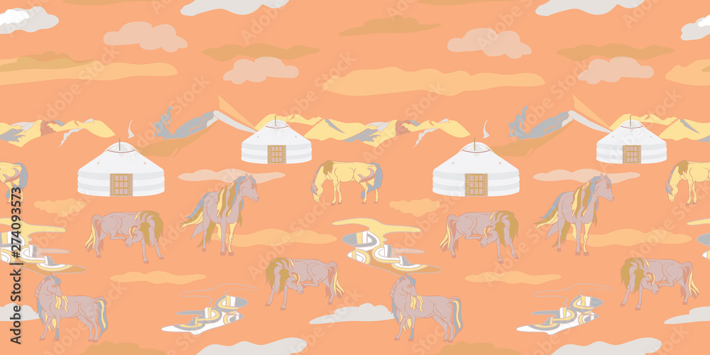 Vetor de Seamless illustration of mongolian traditional family gers ...