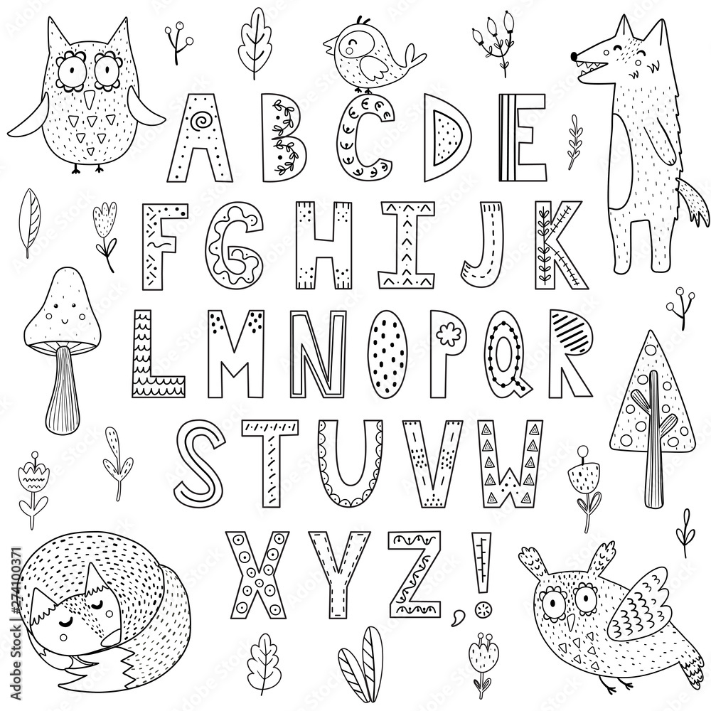 Stockvector Black and white alphabet with forest animals. Great for ...