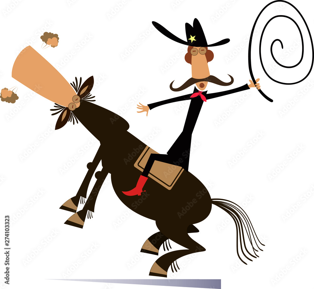 Man or cowboy rides on horse isolated illustration. Cartoon rodeo ...