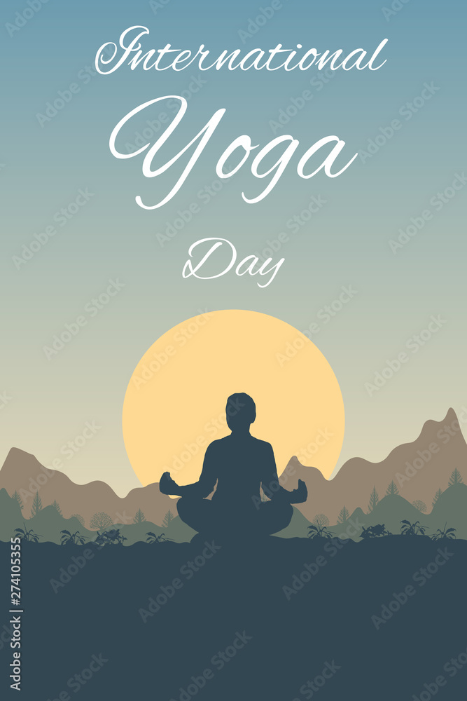 Yoga Day - vector outdoor background. Woman under a tree in a Lotus ...