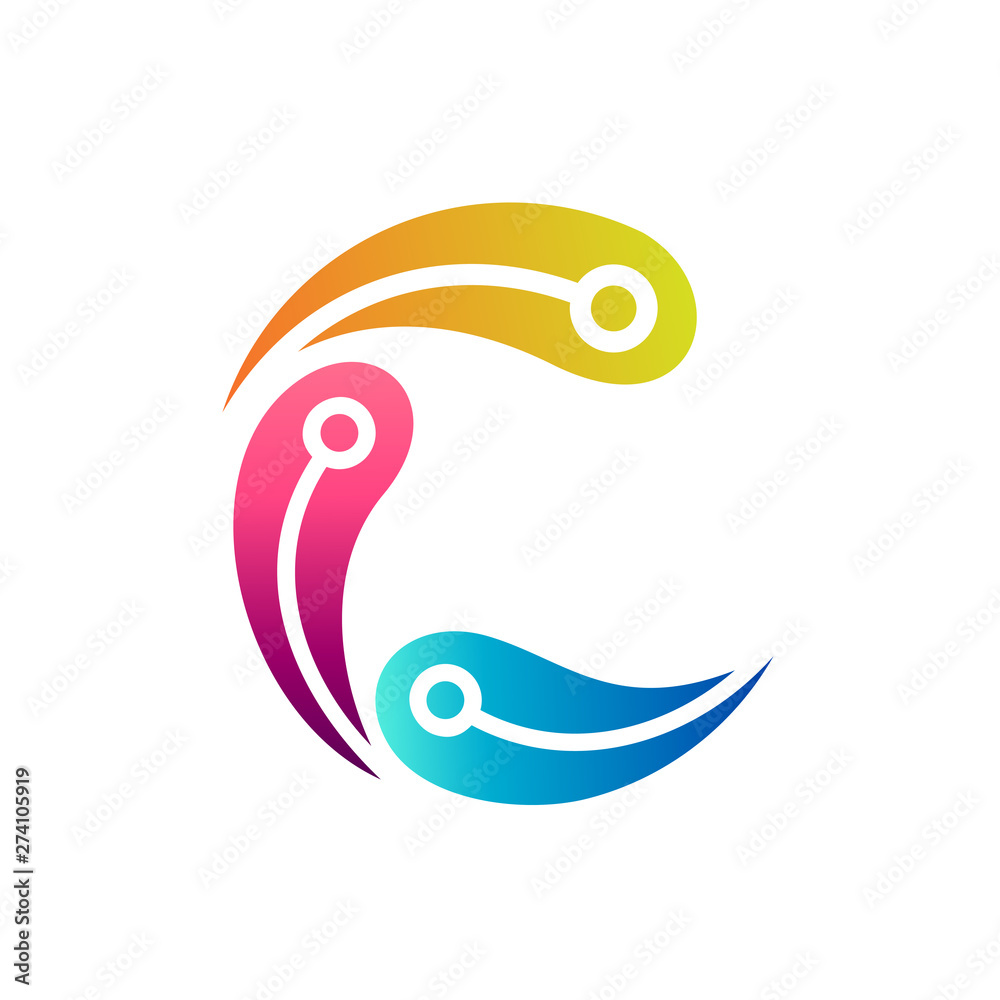 tech letter C logo. colorful water splash with electronic circuit shape ...
