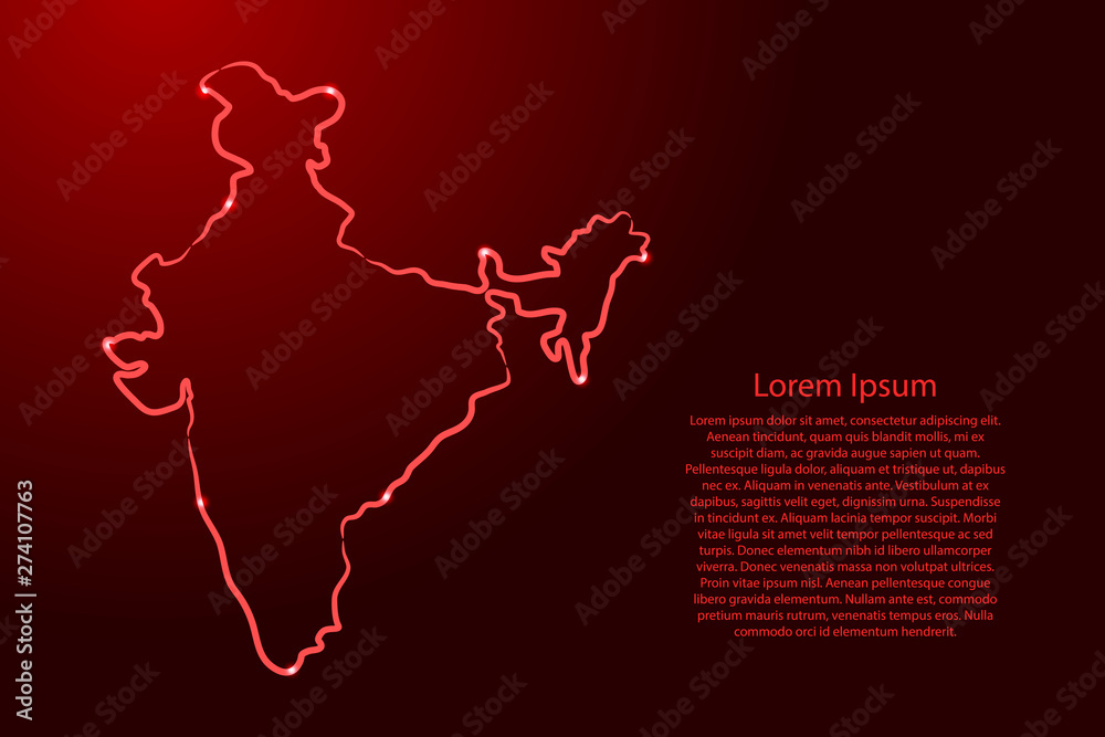 India map from the contour red brush lines and glowing stars on dark ...