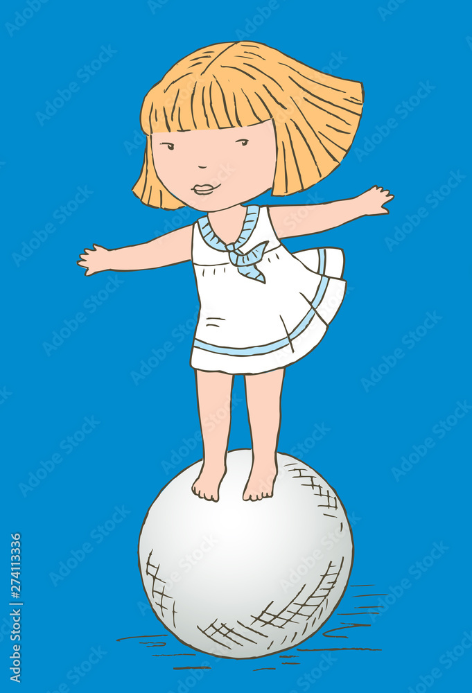 Vector drawing of a little girl standing on a big ball Stock Vector ...