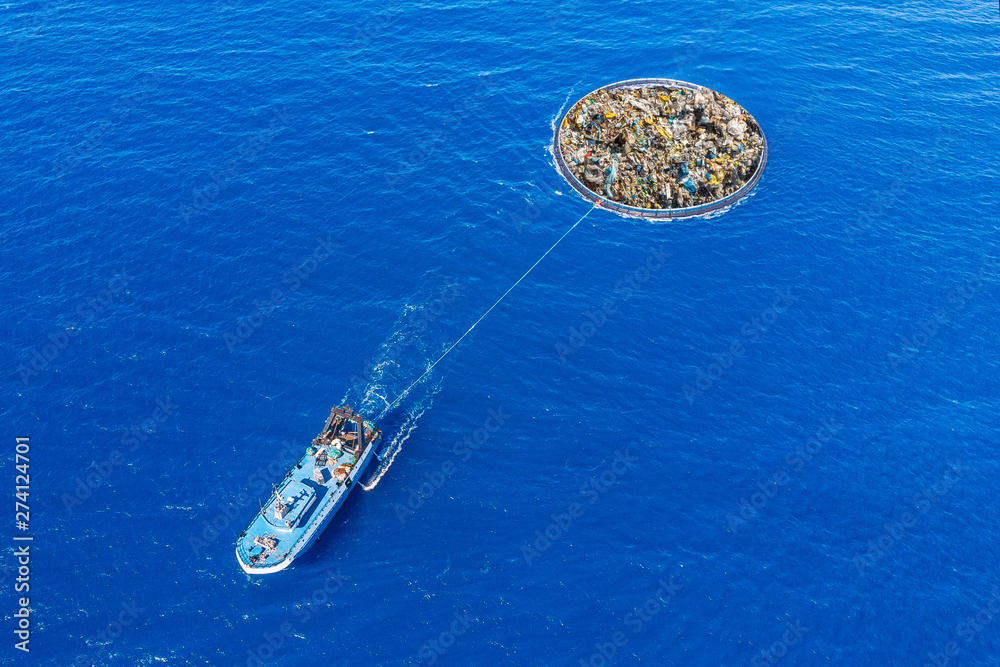 Concept cleaning ocean water from debris and plastic. Removing ...