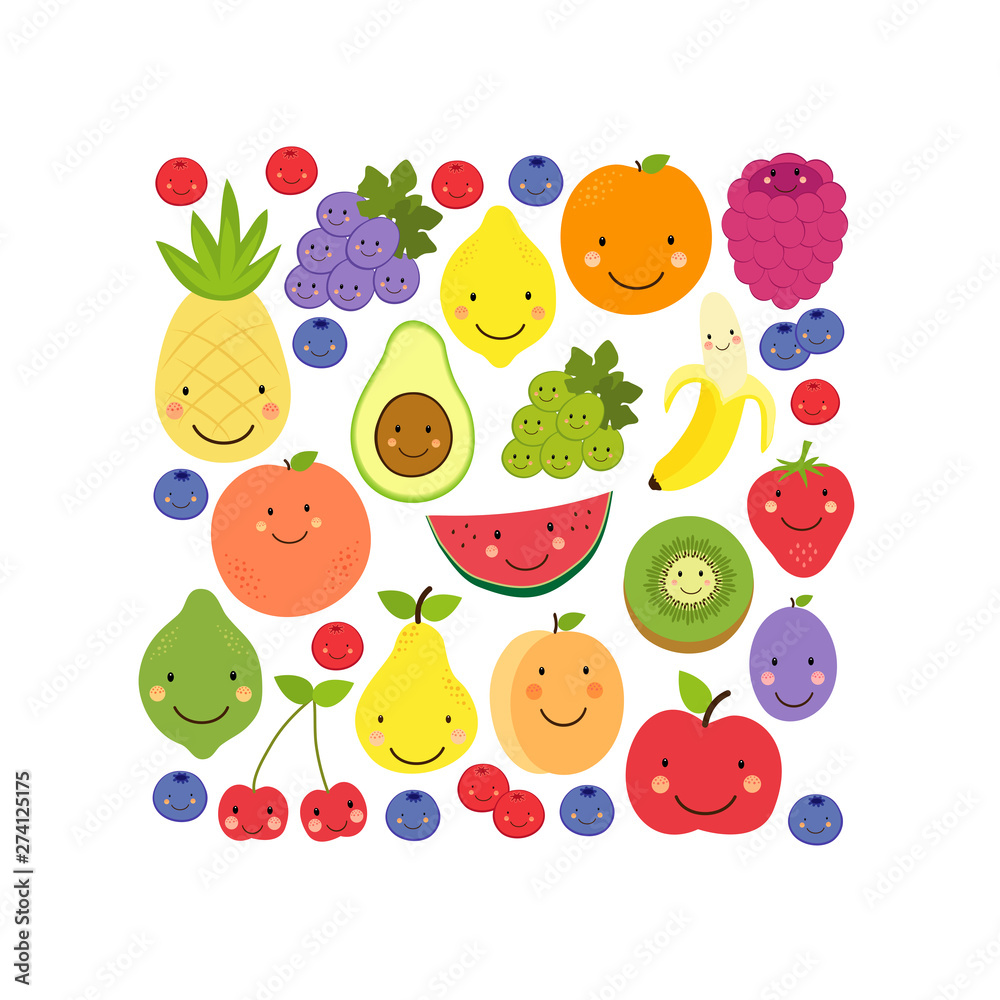 Cute Fruit Paradise background with various fruit characters Stock ...