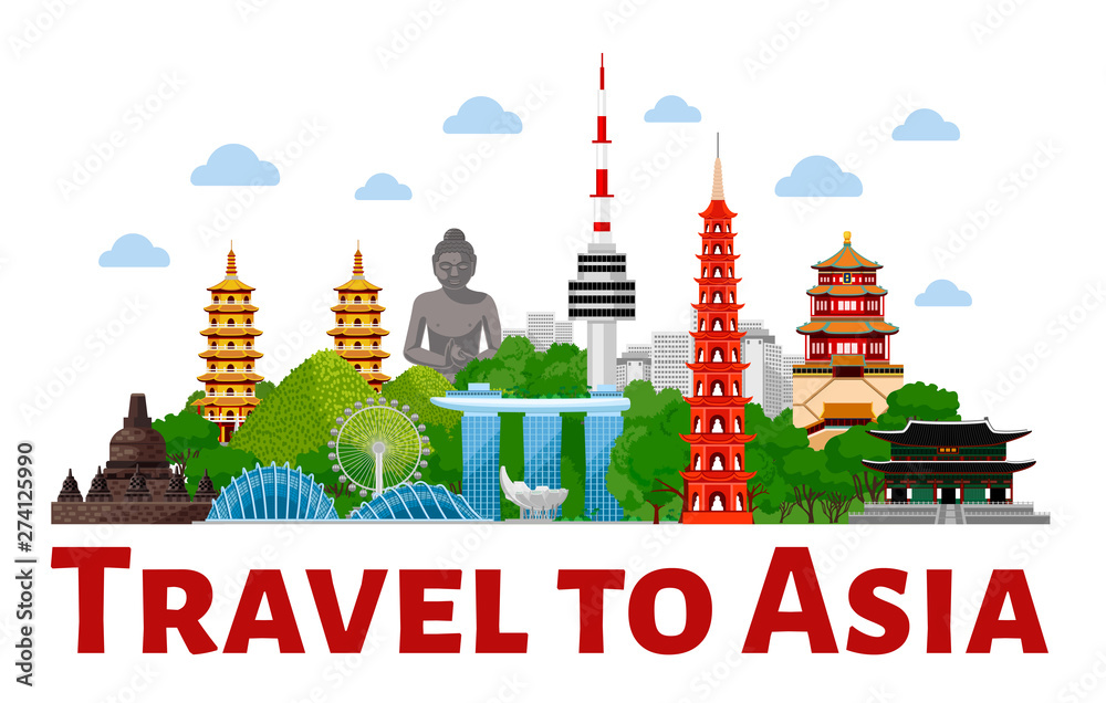 Travel to Asia. Advertising web banner. Top world famous landmarks of ...