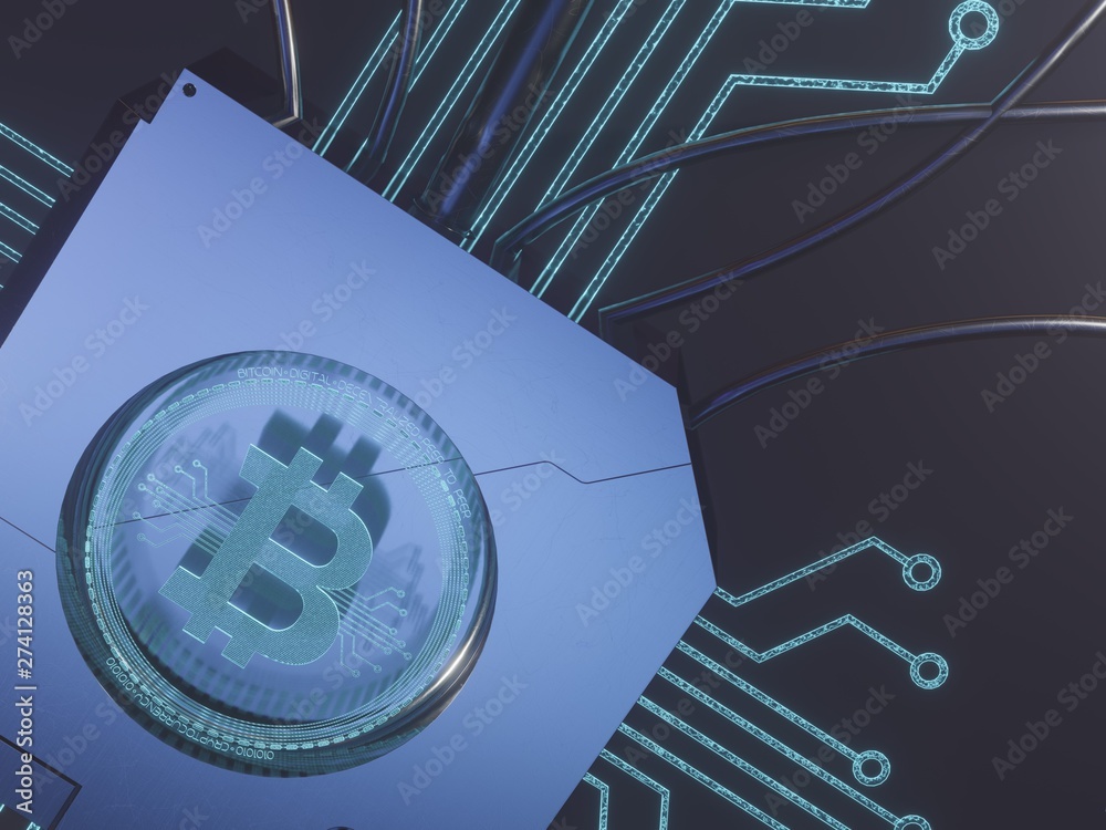 blue digital laser 3d hologram symbol of bitcoin concept 3D rendering ...