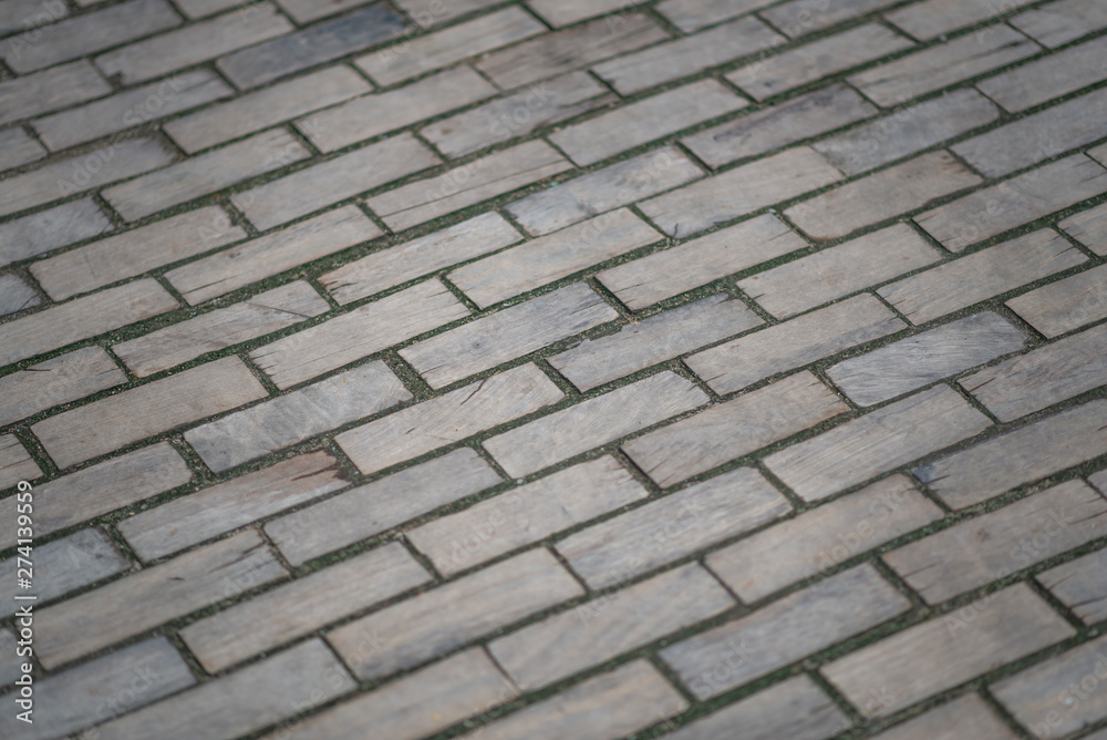 Wooden pavement. Wooden road, old road, old wooden bricks on the paving ...