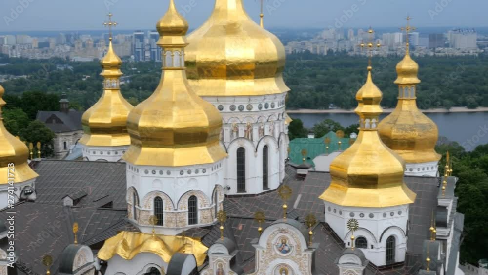 Orthodox Christian monastery. Golden domes of medieval cathedral and ...