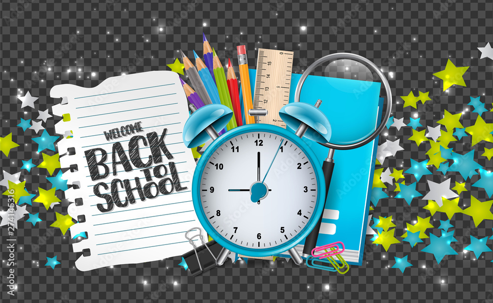 Welcome back to school banner with education supplies, stars, and ...