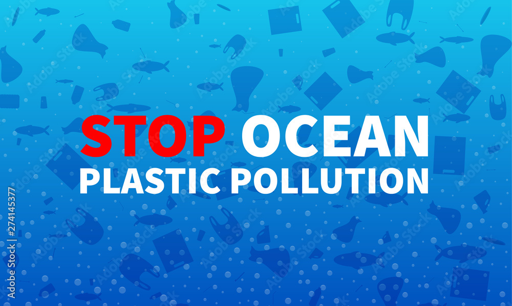Stop ocean plastic pollution. Info poster with underwater rubbish ...