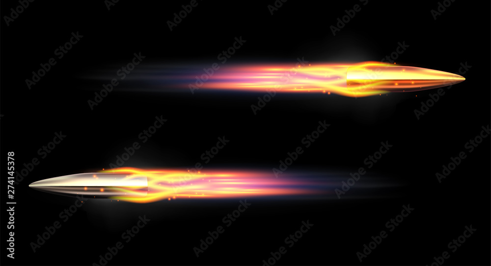 Vector realistic bullet. Flying bullet with a fiery trace. Stock Vector ...