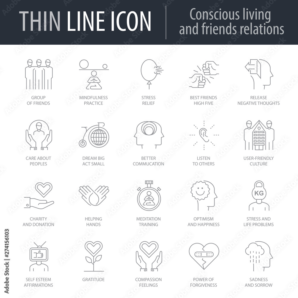Icons Set of Conscious Living and Friends Relations. Symbol of ...