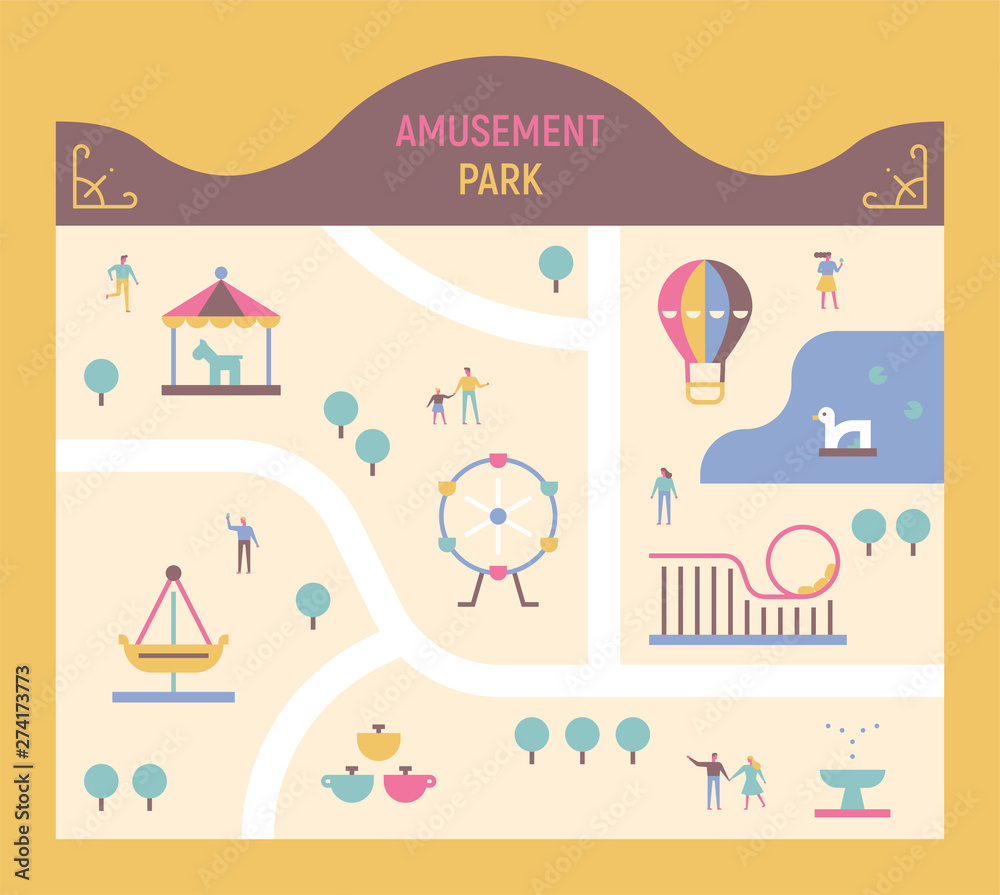 Amusement park map. flat design style minimal vector illustration ...