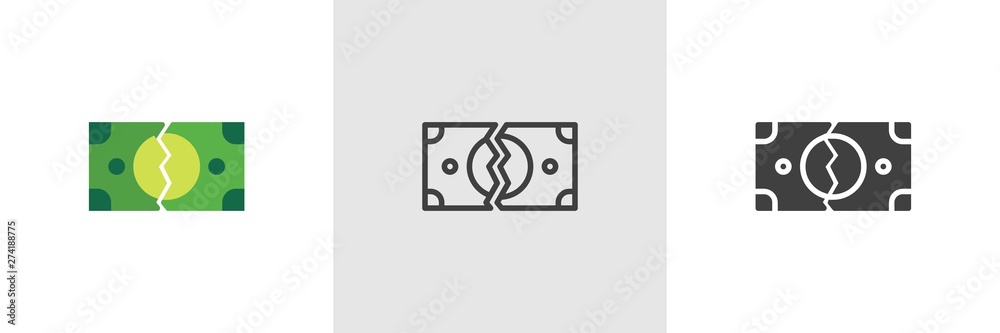 Tearing money banknote icon. Line, glyph and filled outline colorful ...