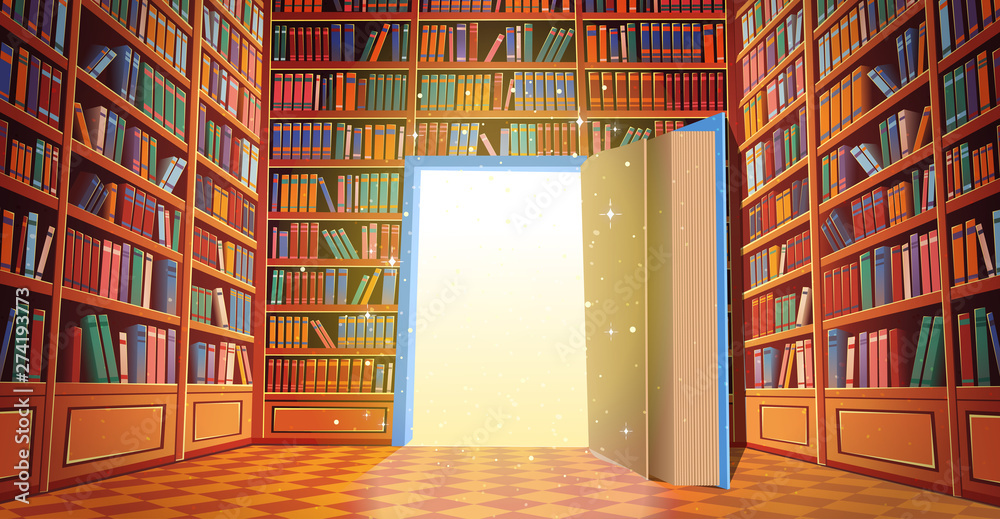 Vetor de Library book shelves cartoon vector illustration. do Stock ...