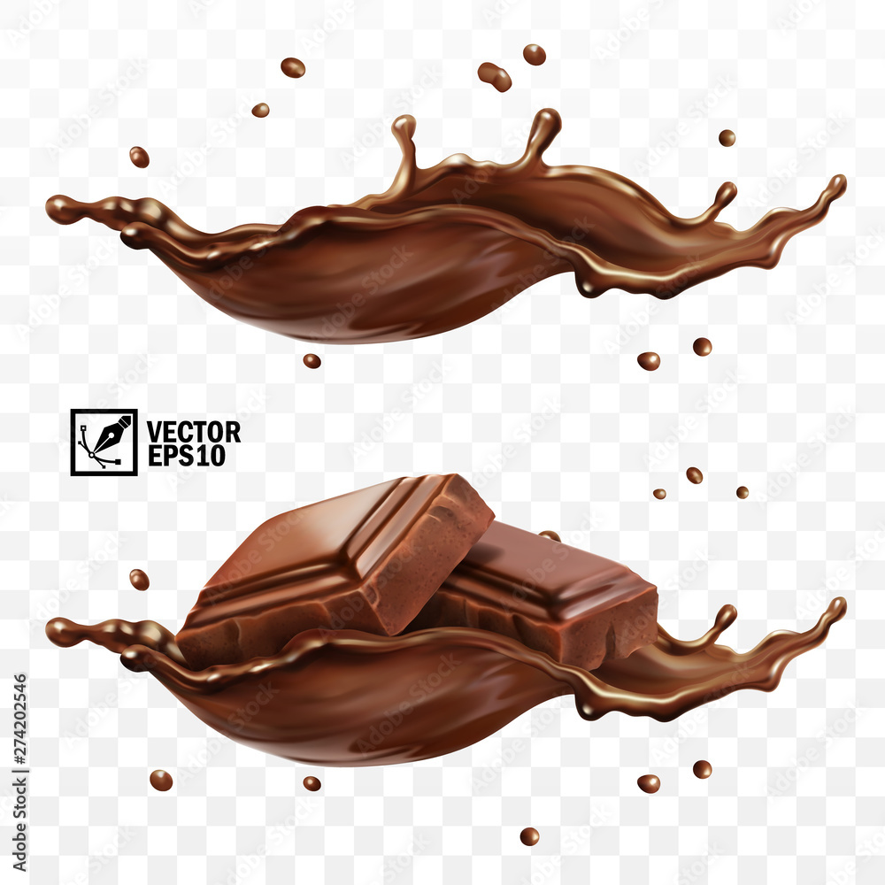 3D realistic vector set, horizontal splash of chocolate, cocoa or ...